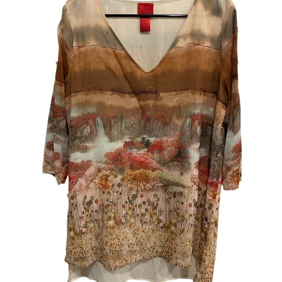 V Cristina | Tops | V Cristina Womens Landscape Print Vneck 34 Sleeve ...